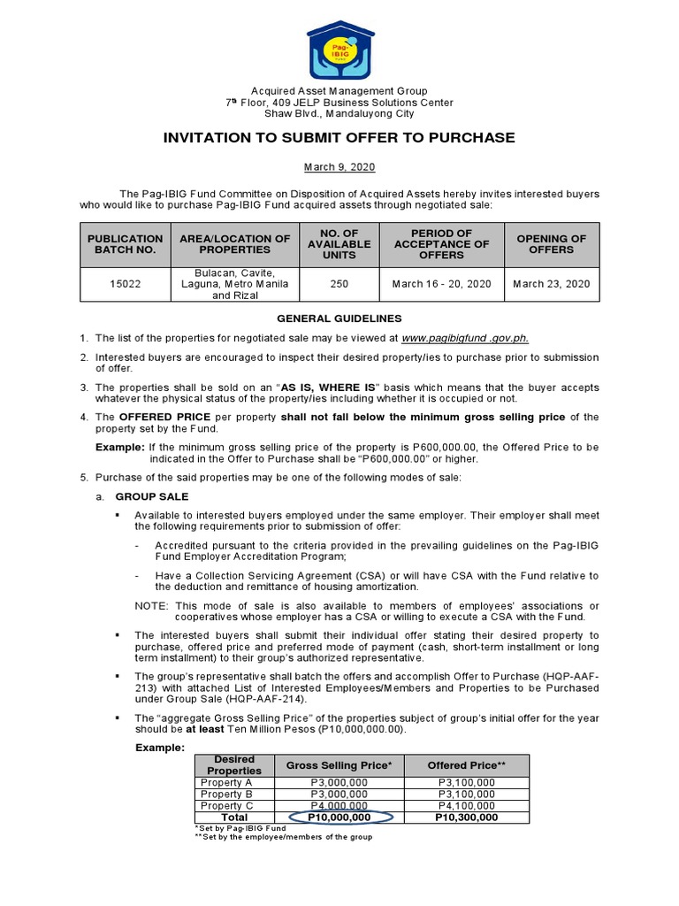Invitation to Submit Offers to Purchase Pag-IBIG Fund Acquired Assets ...