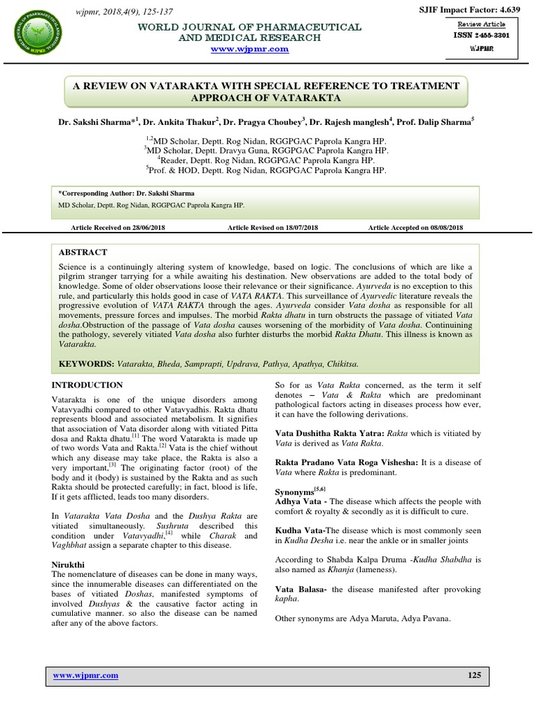 A Review on Vatarakta with Special Reference to Treatment Approach of ...