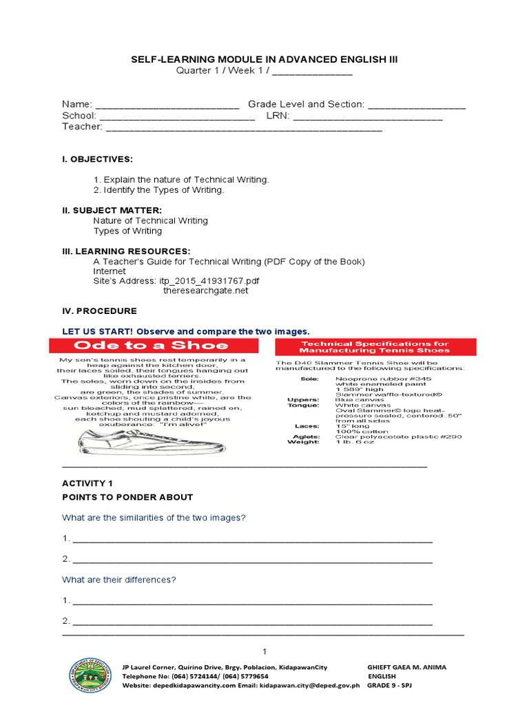 Quarter 1 / Week 1 / - : Self-Learning Module in Advanced English Iii ...