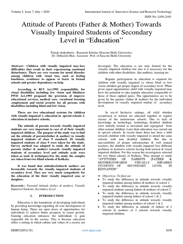 Attitude of Parents (Father & Mother) Towards Visually Impaired Students of Secondary Level in ...