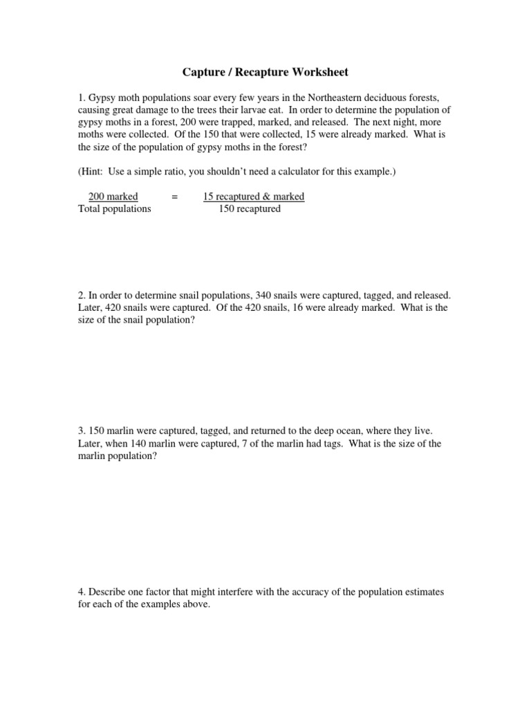 Capture / Recapture Worksheet | PDF