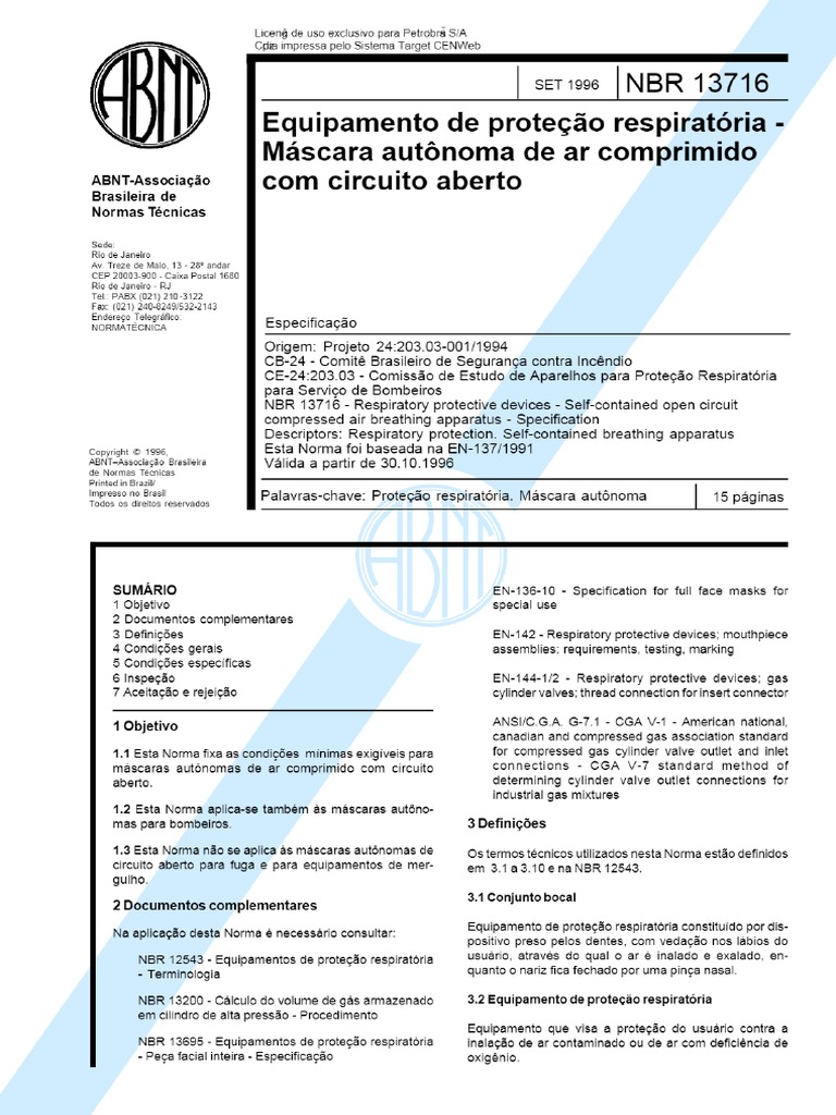 NBR 13716 - Equipamento de Proteção Respiratória - Máscara Autônoma de ...