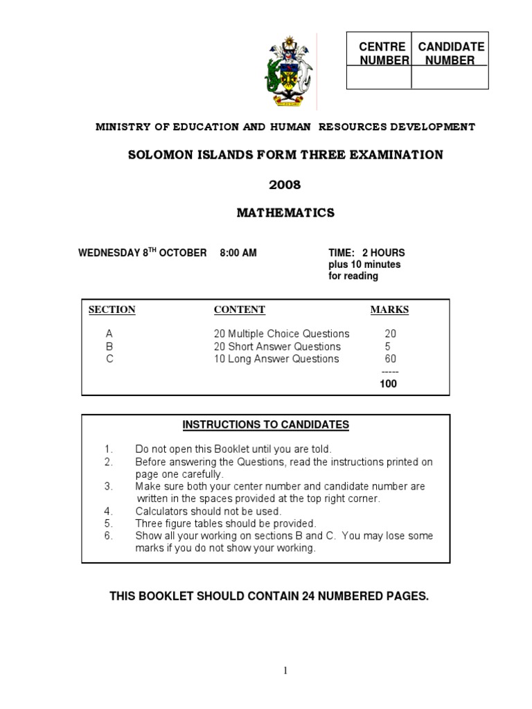 Form 3 Mathematics Exam 2008 | PDF | Circle | Triangle