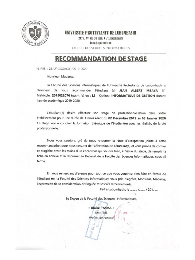 Lettre de Recommandation de Stage | PDF