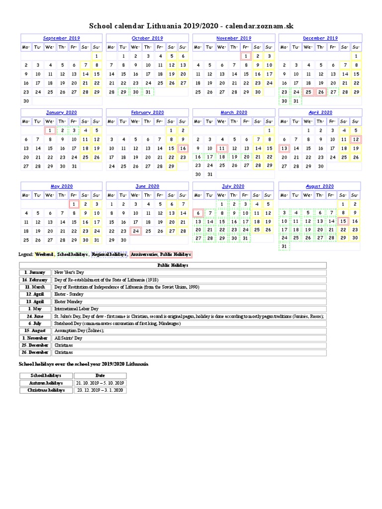 Lithuania School Calendar 2019/2020 | PDF | Holidays | Religious Holidays