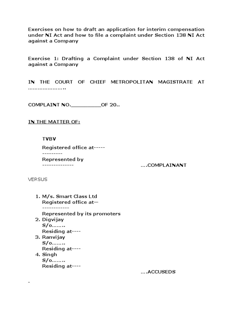 Complaint Sec.138 and IA Sec.143a of NI Act | PDF