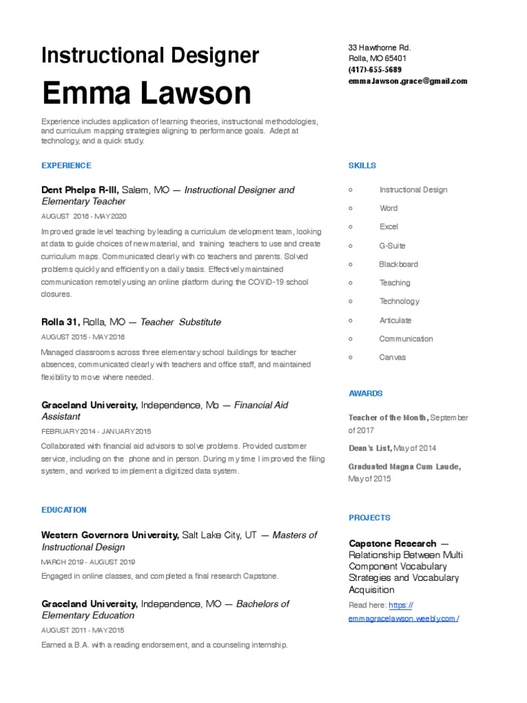 Id Emma Lawson Resume PDF | PDF | Instructional Design | Teachers