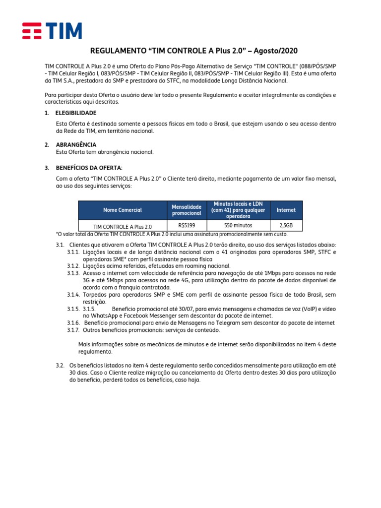 Regulamento TIM Controle A Plus PDF | PDF | Facebook | Internet