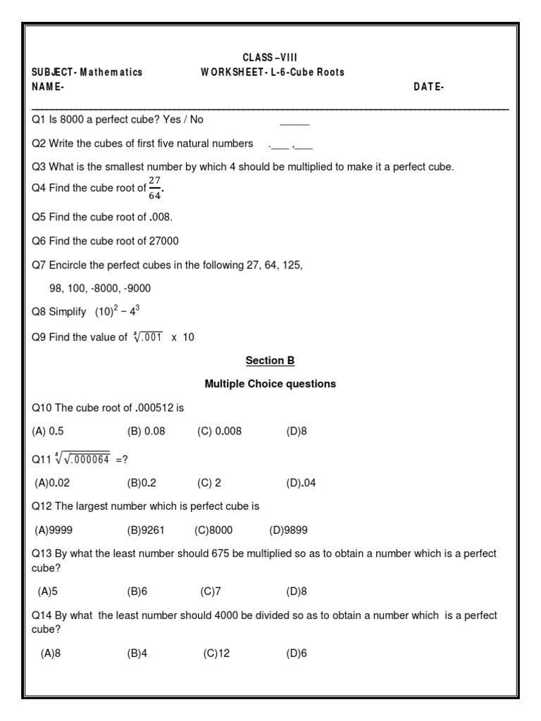 CBSE Class 8 Mathematics Worksheet - Cuberoots | PDF