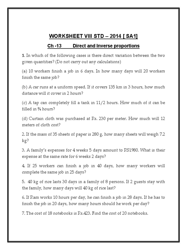 CBSE Class 8 Mathematics Worksheet - Direct and Inverse Variations ...