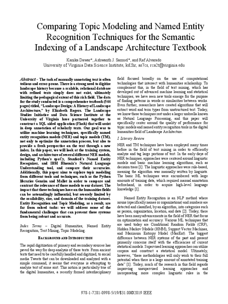 Comparing Topic Modeling And Named Entity Recognition Techniques For The Semantic Indexing Of A
