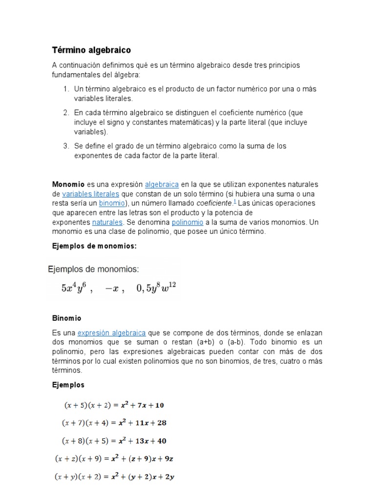 Término Algebraico | PDF | Multiplicación | Matemática Elemental