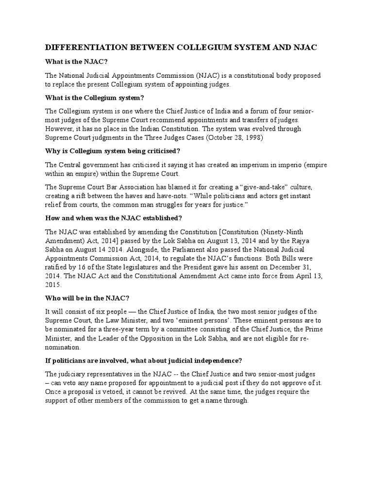 Differentiation Between Collegium System and Njac: What Is The NJAC ...
