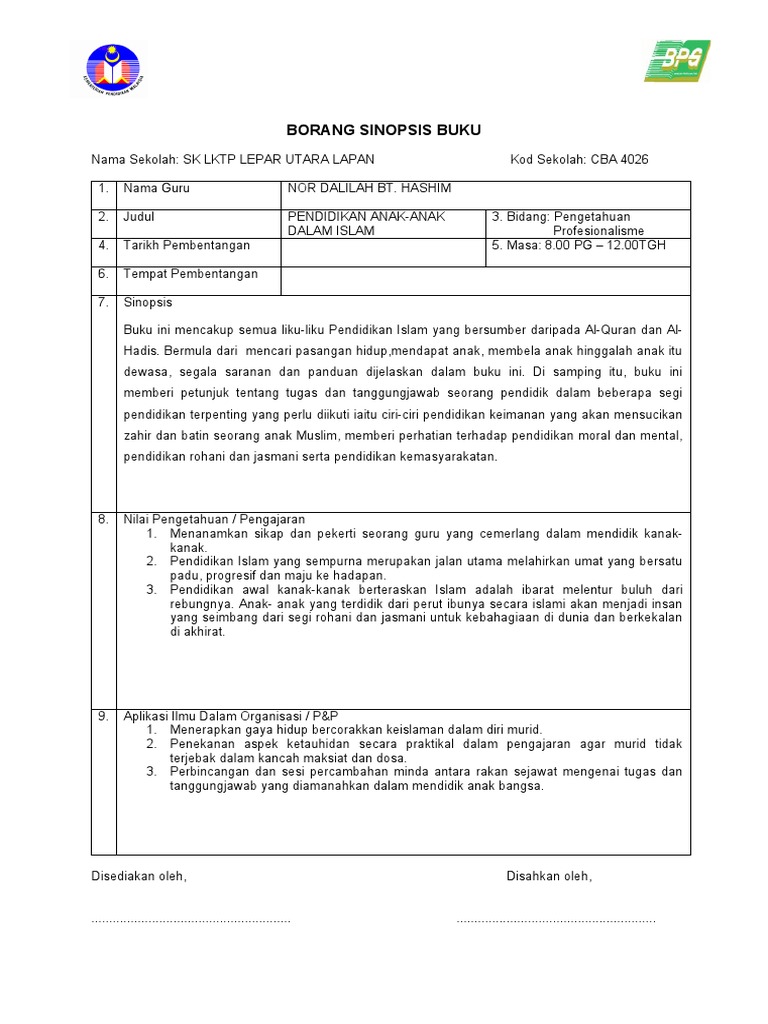 Borang Sinopsis Buku Pdf