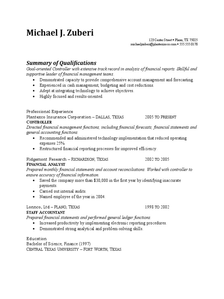 Financial Controller Resume Overview | PDF