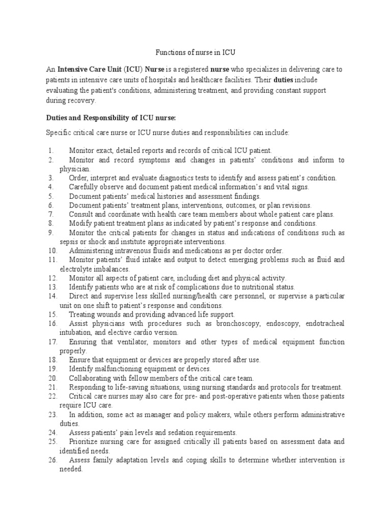 Functions of Nurse in ICU | PDF | Intensive Care Unit | Intensive Care ...
