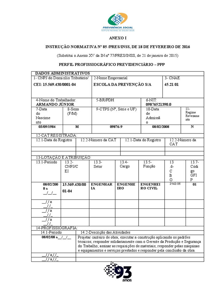 Modelo de PPP Preenchido | PDF | Tempo | Science