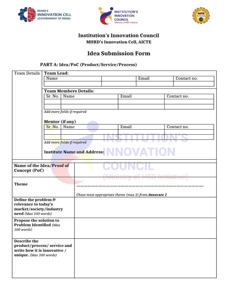 Idea Submission Form: Institution's Innovation Council | PDF | Prototype | Innovation