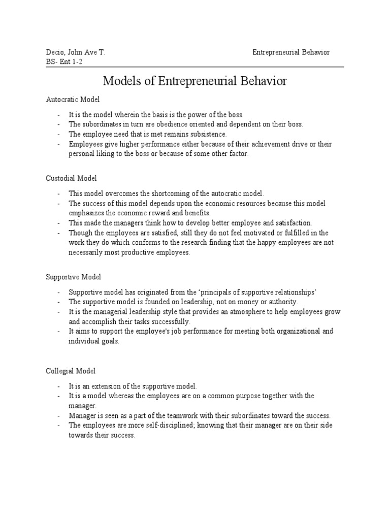 Models of Entrepreneurial Behavior | PDF | Leadership | Entrepreneurship
