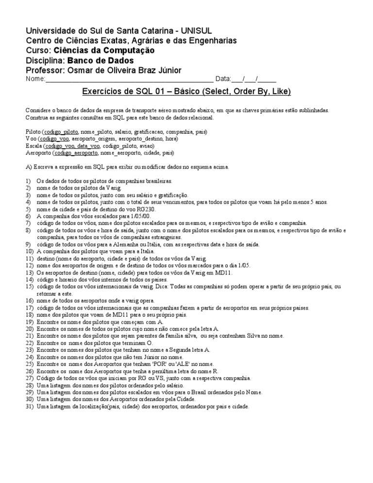 Exercicio SQL01 | PDF | SQL | Brasil