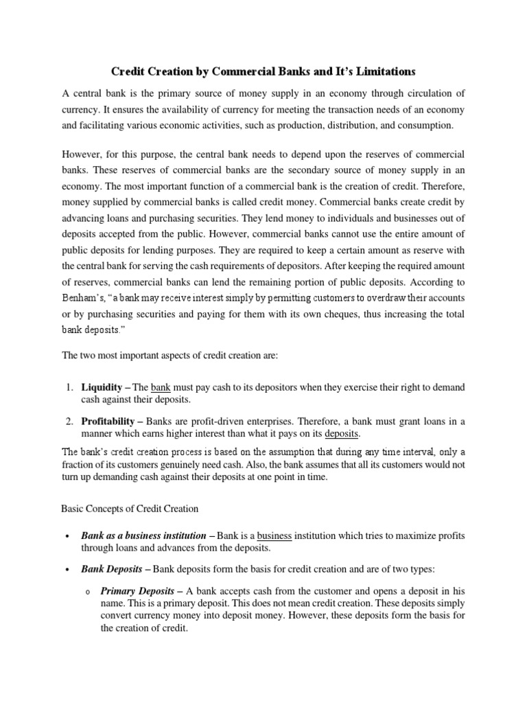 Credit Creation by Commercial Banks Handouts | PDF | Money Creation ...