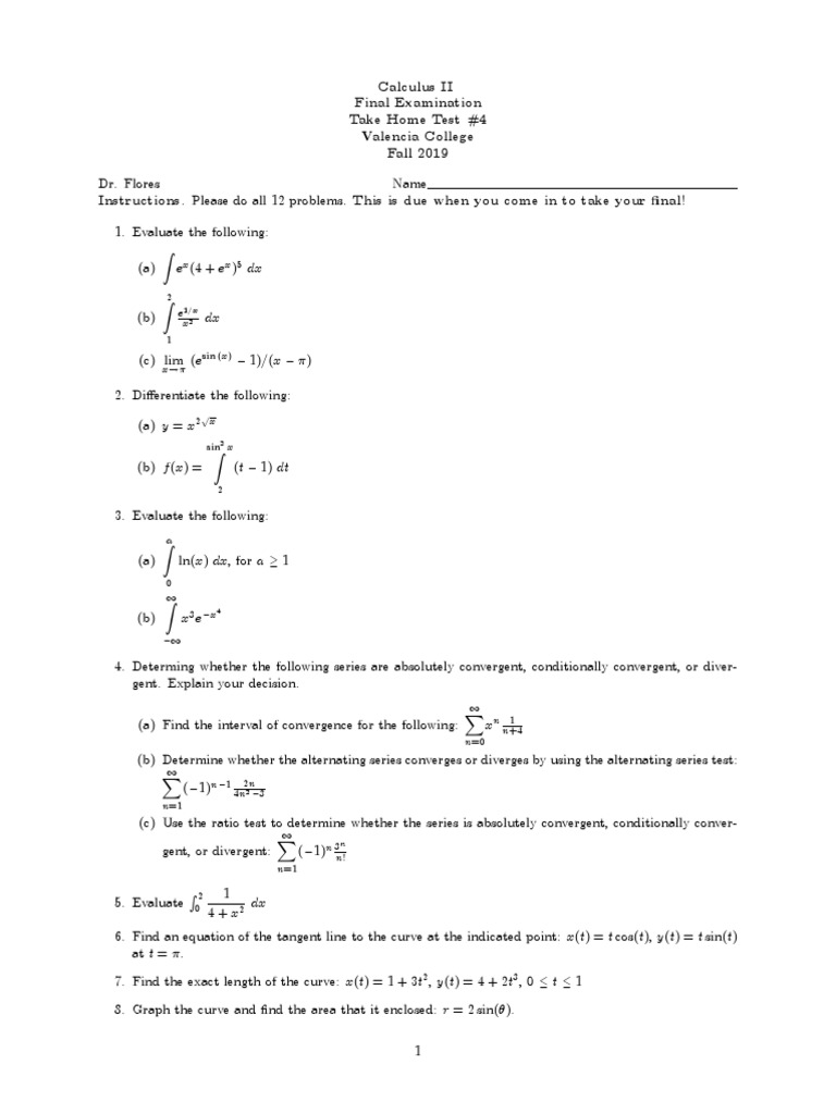Calculus II Test - 4 - Take - Home | PDF | Mathematical Relations ...
