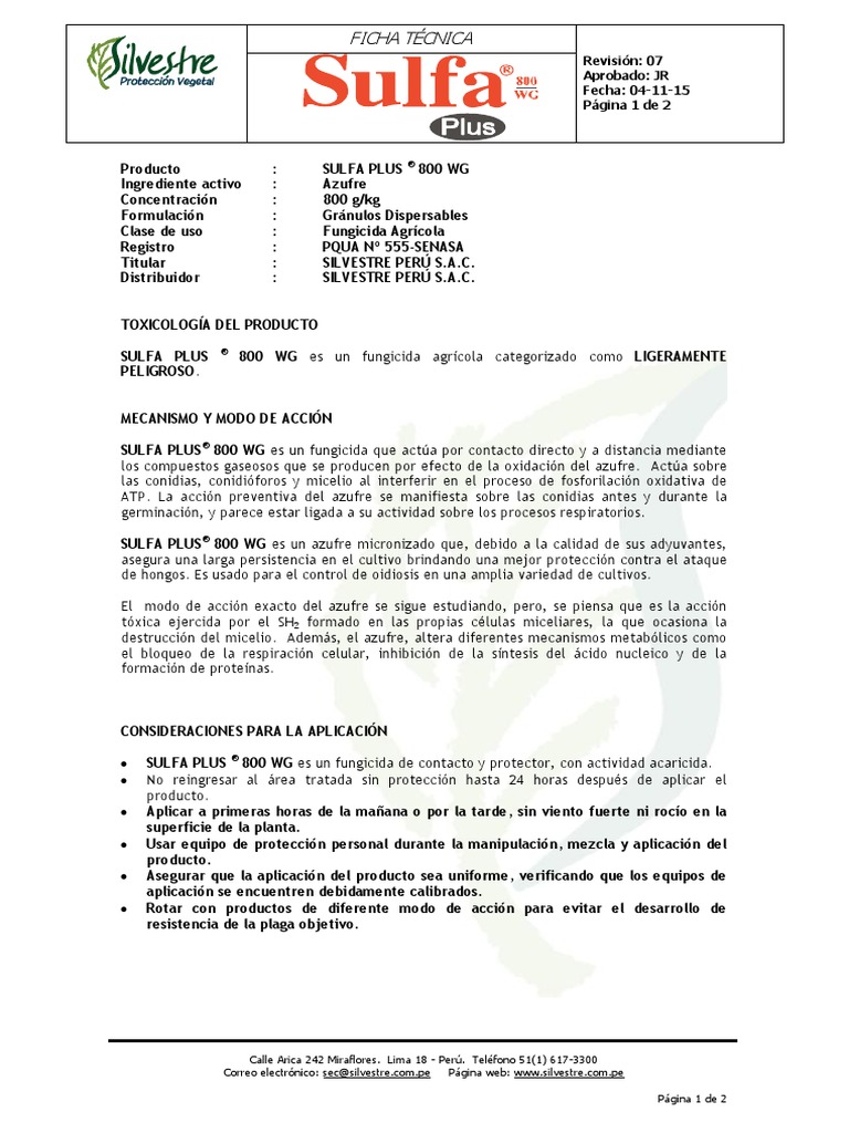 FT - Sulfa - Plus - 800 - WG - 07 - Silvestre | PDF | Azufre | Bioquímica