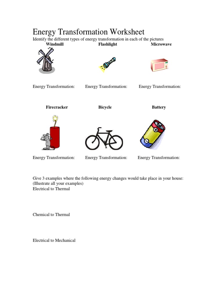 Energy Transformation Activities Worksheet | PDF | Science & Mathematics