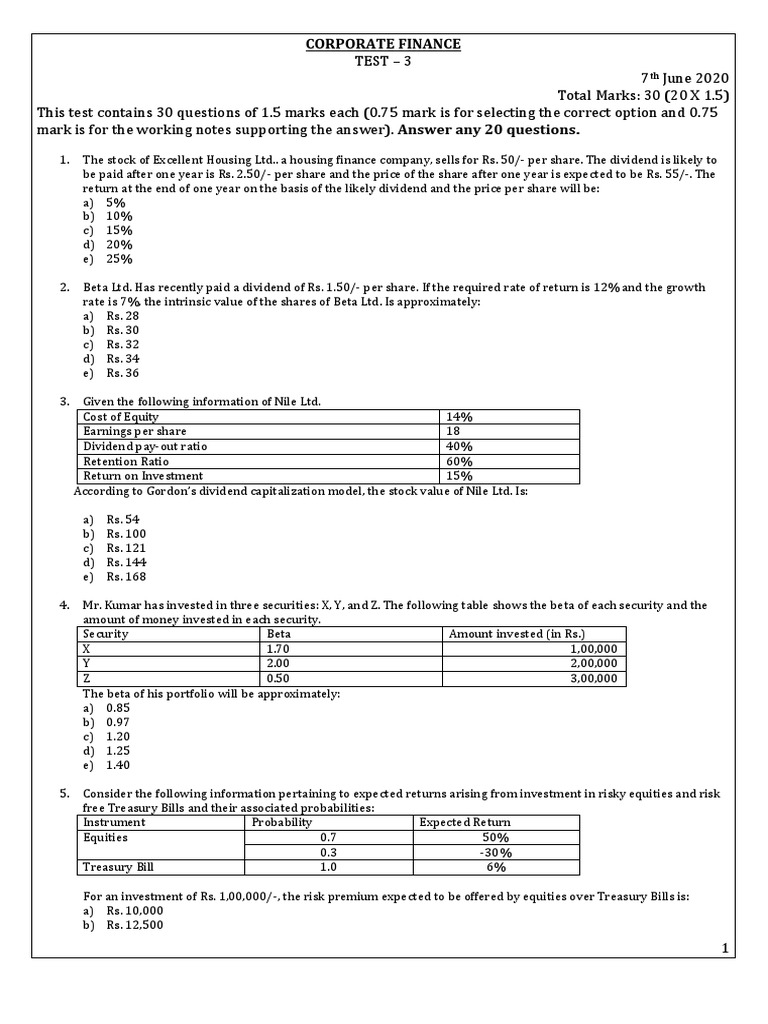 Corporate Finance Test Questions and Answers | PDF | Beta (Finance ...