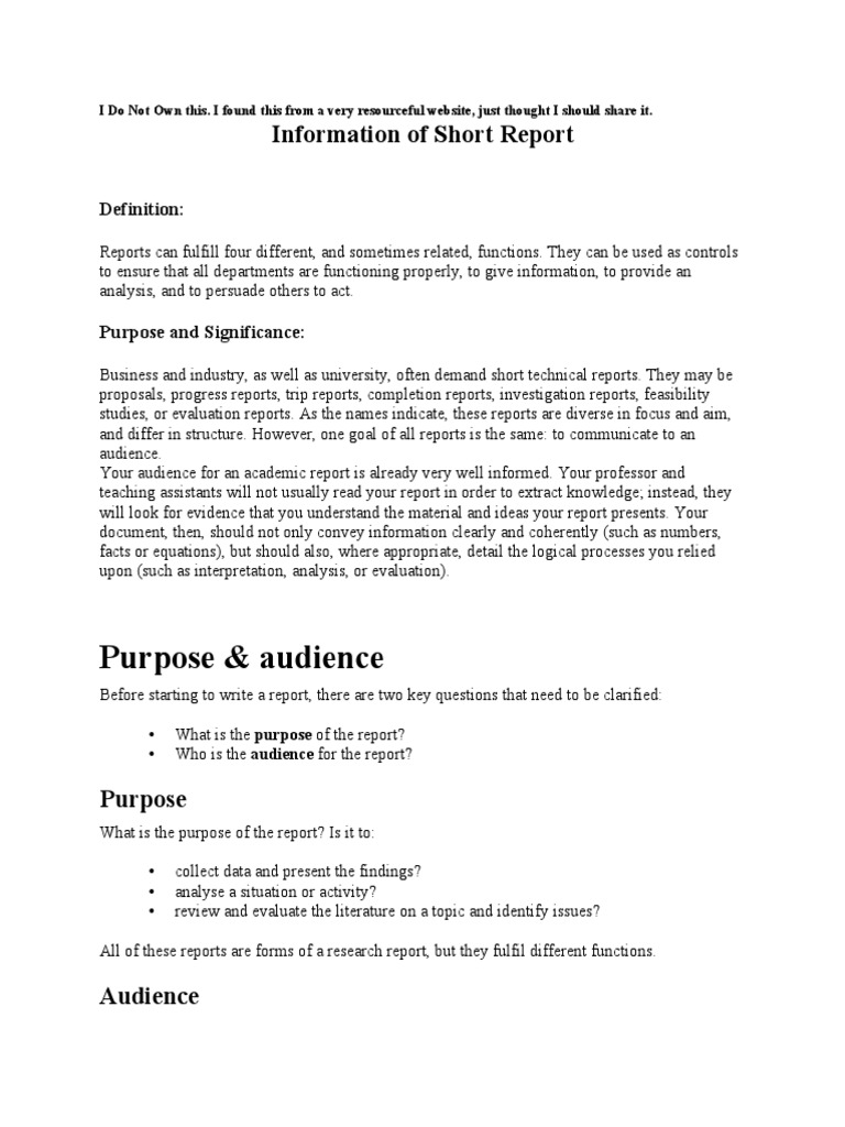 Purpose Audience Information Of Short Report PDF Citation