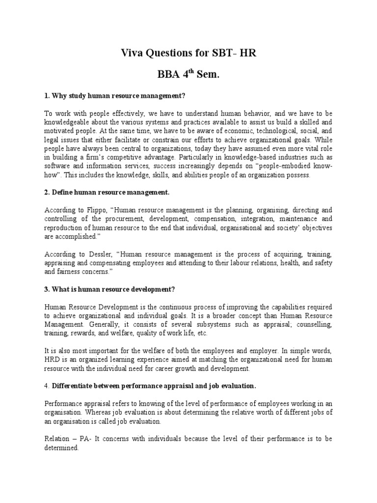Viva Questions For SBT-HR Bba 4 Sem.: 1. Why Study Human Resource ...
