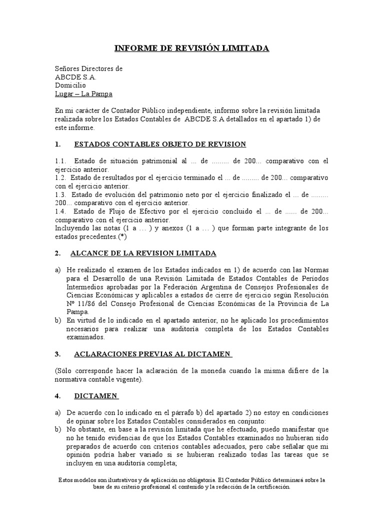 Informe de revisión limitada de los estados contables de ABCDE S.A. | PDF | Contador | Contabilidad