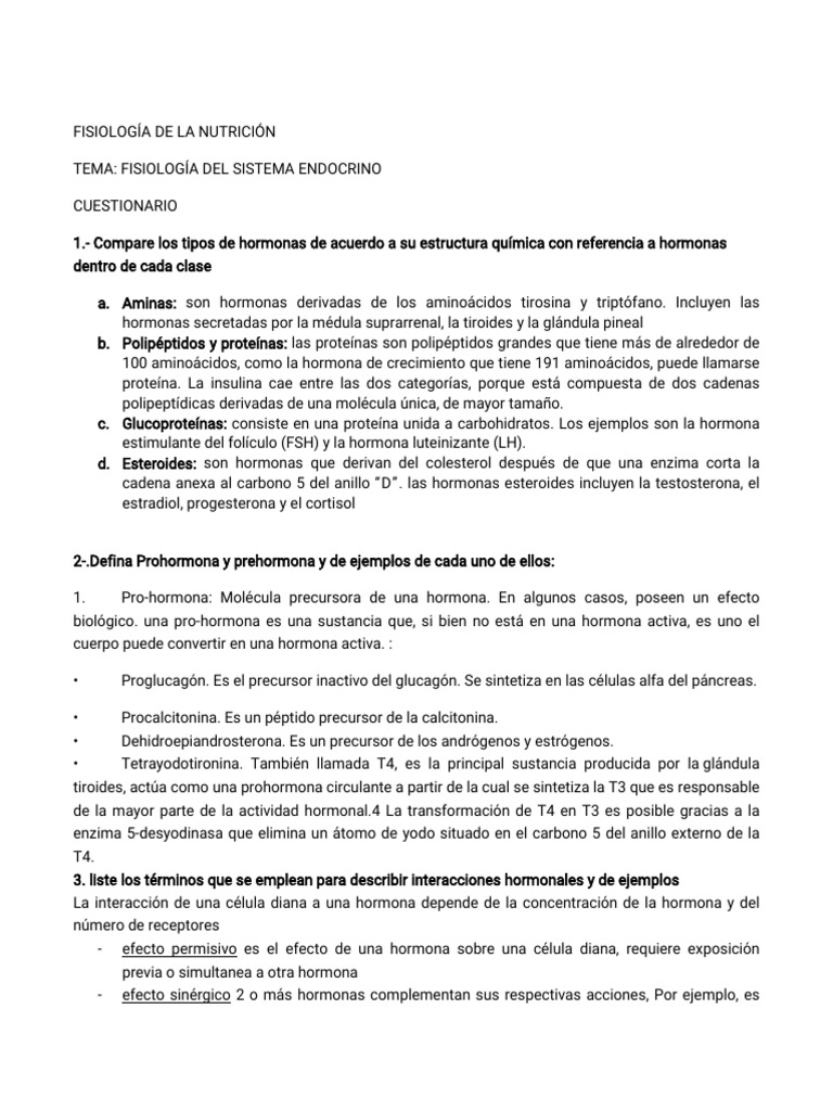 Cuestionario Fisio Completo | PDF | Hormona | Hormona adrenocorticotrópica