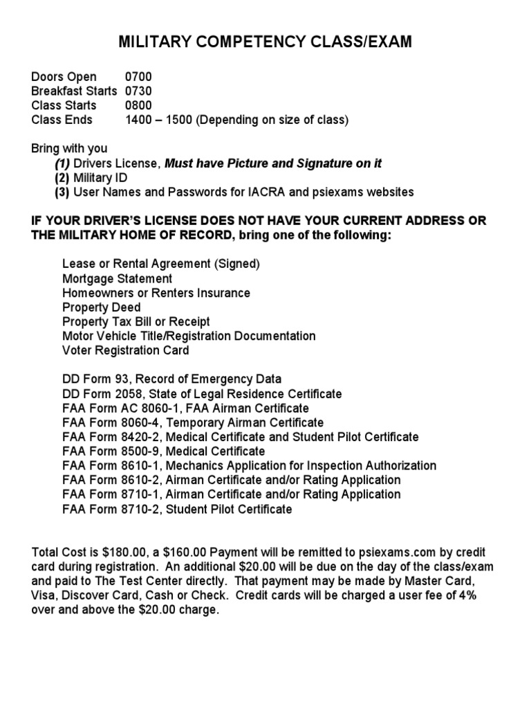 Military Competency Class/Exam: (1) Drivers License, Must Have Picture ...