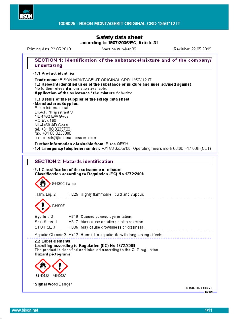 Safety Data Sheet: SECTION 1: Identification of The Substance/mixture ...