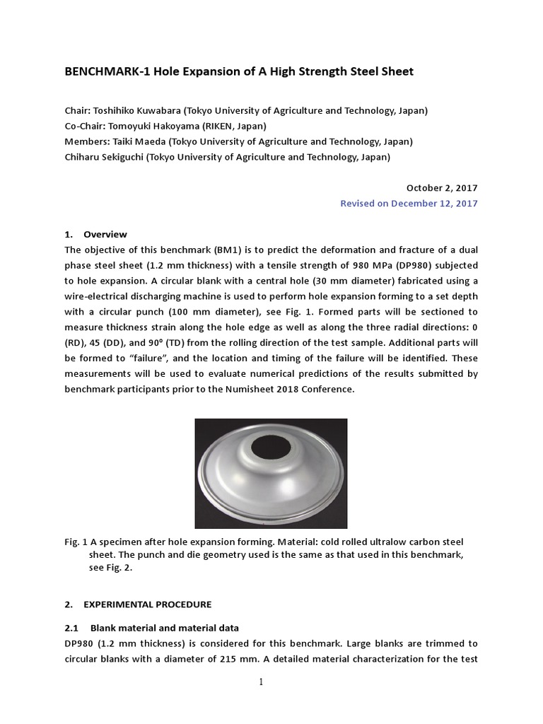 BENCHMARK 1 Hole Expansion of A High Strength Steel Sheet: 1. Overview ...