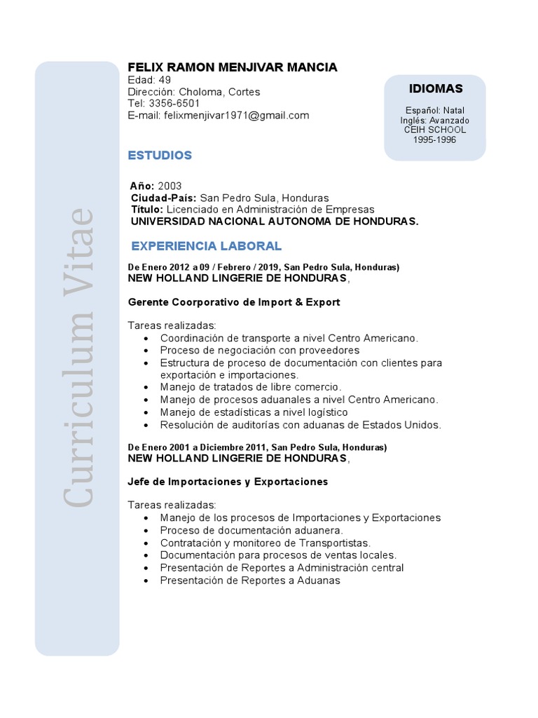 Currículum de Félix Menjivar Mancia | PDF | Honduras | aduana