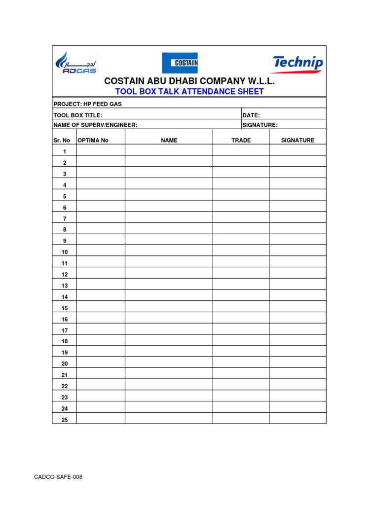 Toolbox Talk Sign Off Sheet Template