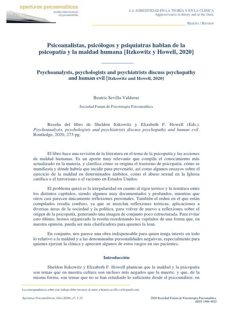 Psicopatía y maldad humana en psicoanálisis | PDF | Teoría de apego ...