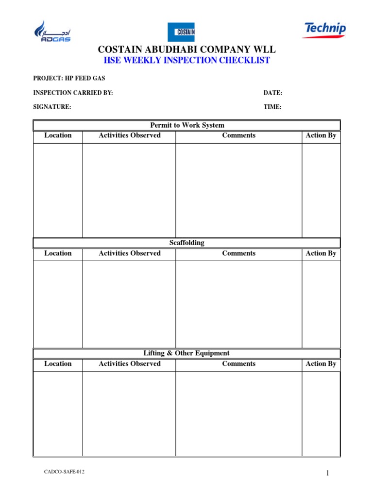 HSE Weekly Inspection Checklist (Format) | PDF