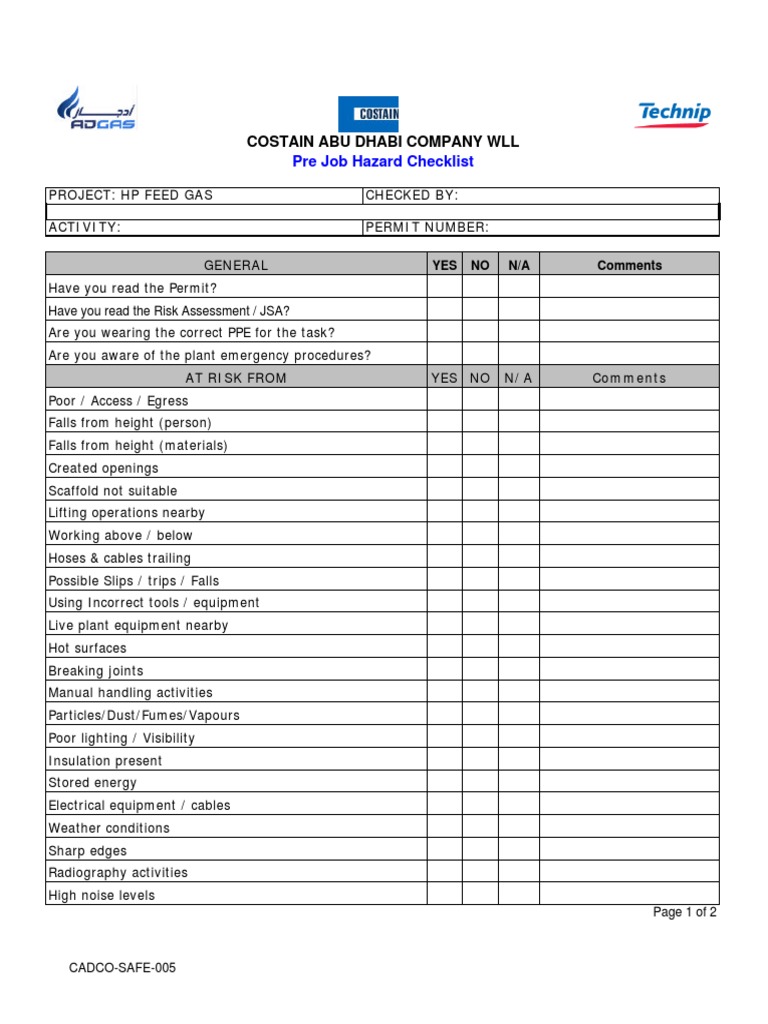 Pre-Job Hazard Checklist (Format) | PDF