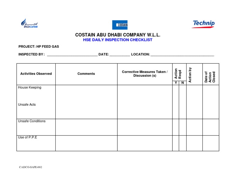 HSE Daily Insp Checklist (Format) | PDF