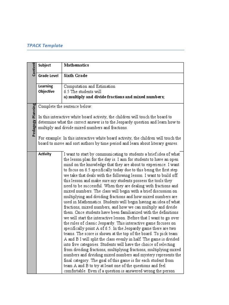 Tpack Template Iwb Summer20 | PDF | Fraction (Mathematics) | Lesson Plan