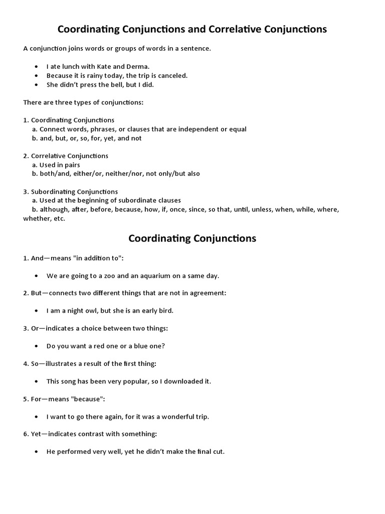 Coordinating, Subordinating and Correlative Conjunctions | PDF