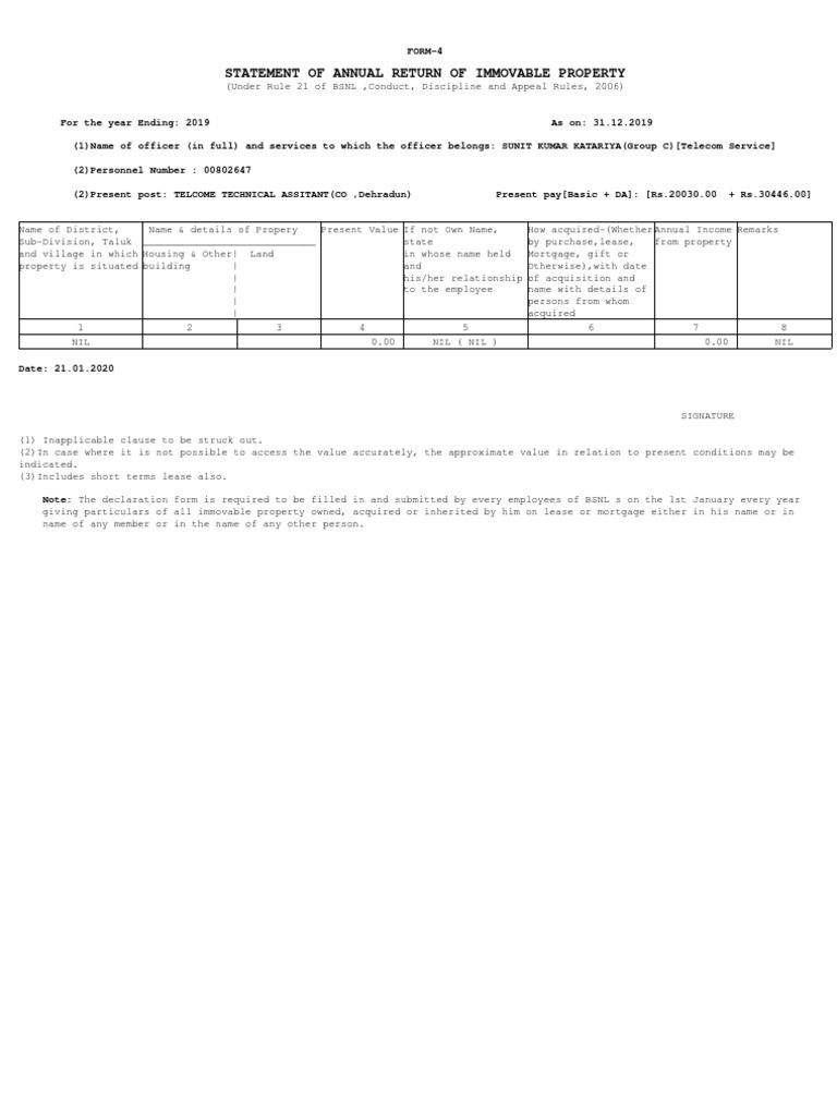 Statement of Annual Return of Immovable Property: FORM-4 | Download ...