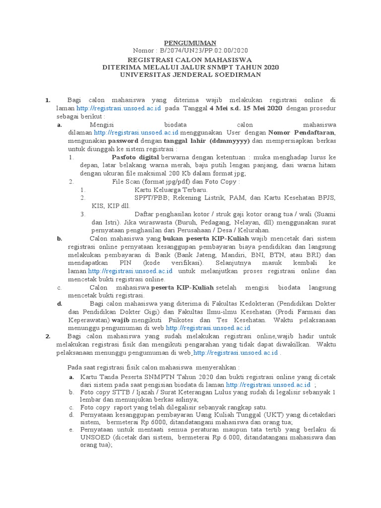 PENGUMUMAN SPMB Unsoed | PDF