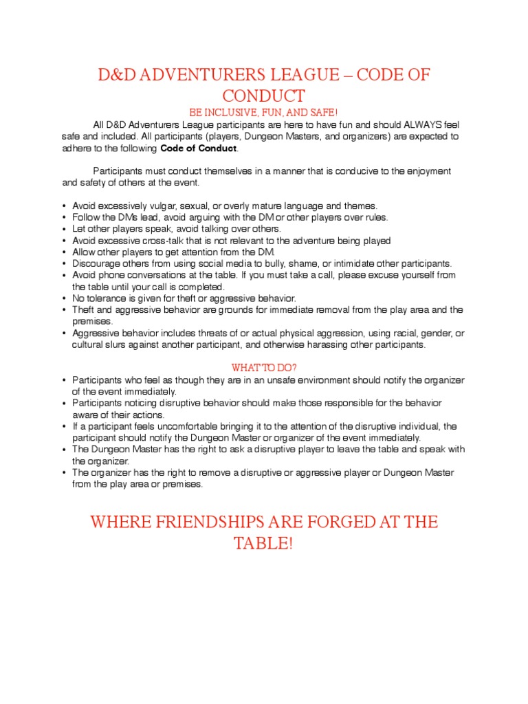 D&D Adventurers League - Code of Conduct: Be Inclusive, Fun, and Safe ...