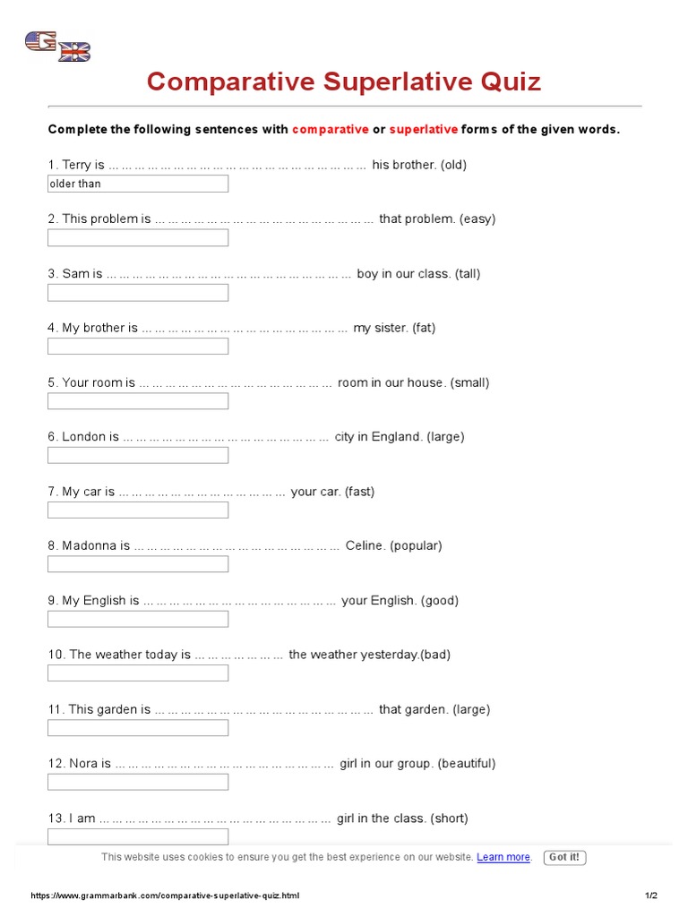 Comparative Superlative Quiz - GrammarBank | PDF