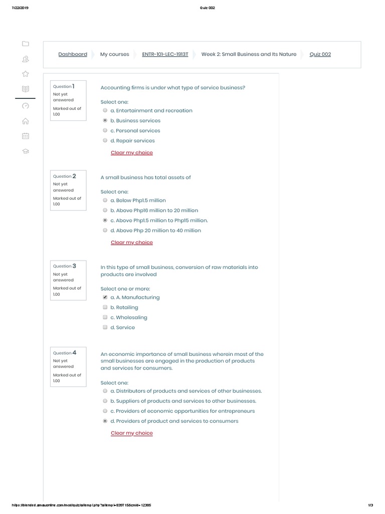 Dashboard My Courses ENTR-101-LEC-1913T Week 2: Small Business and Its ...