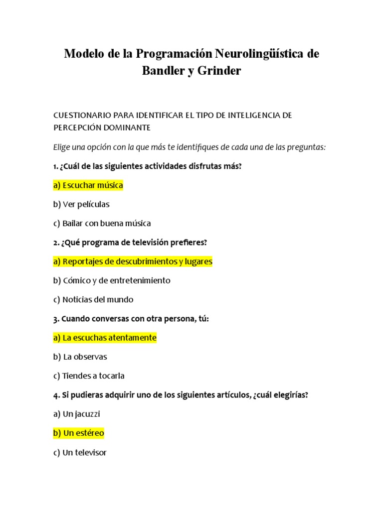 Modelo de la Programación Neurolingüística de Bandler y Grinder | PDF | Programación ...